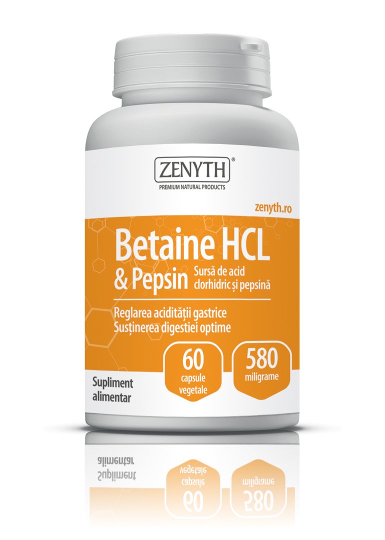 Betaine HCL & Pepsin, sursă de acid clorhidric și pepsină. 60 capsule x ...