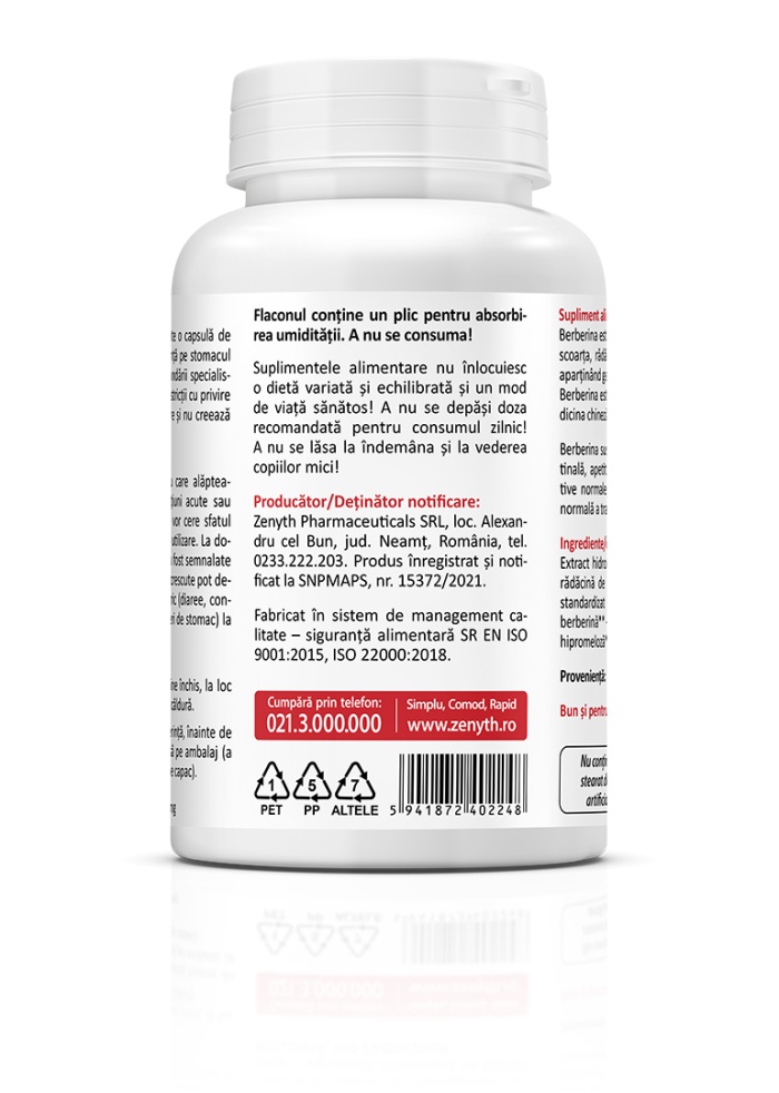 Berberina 500 mg, controlul glicemiei, 60 capsule | Zenyth